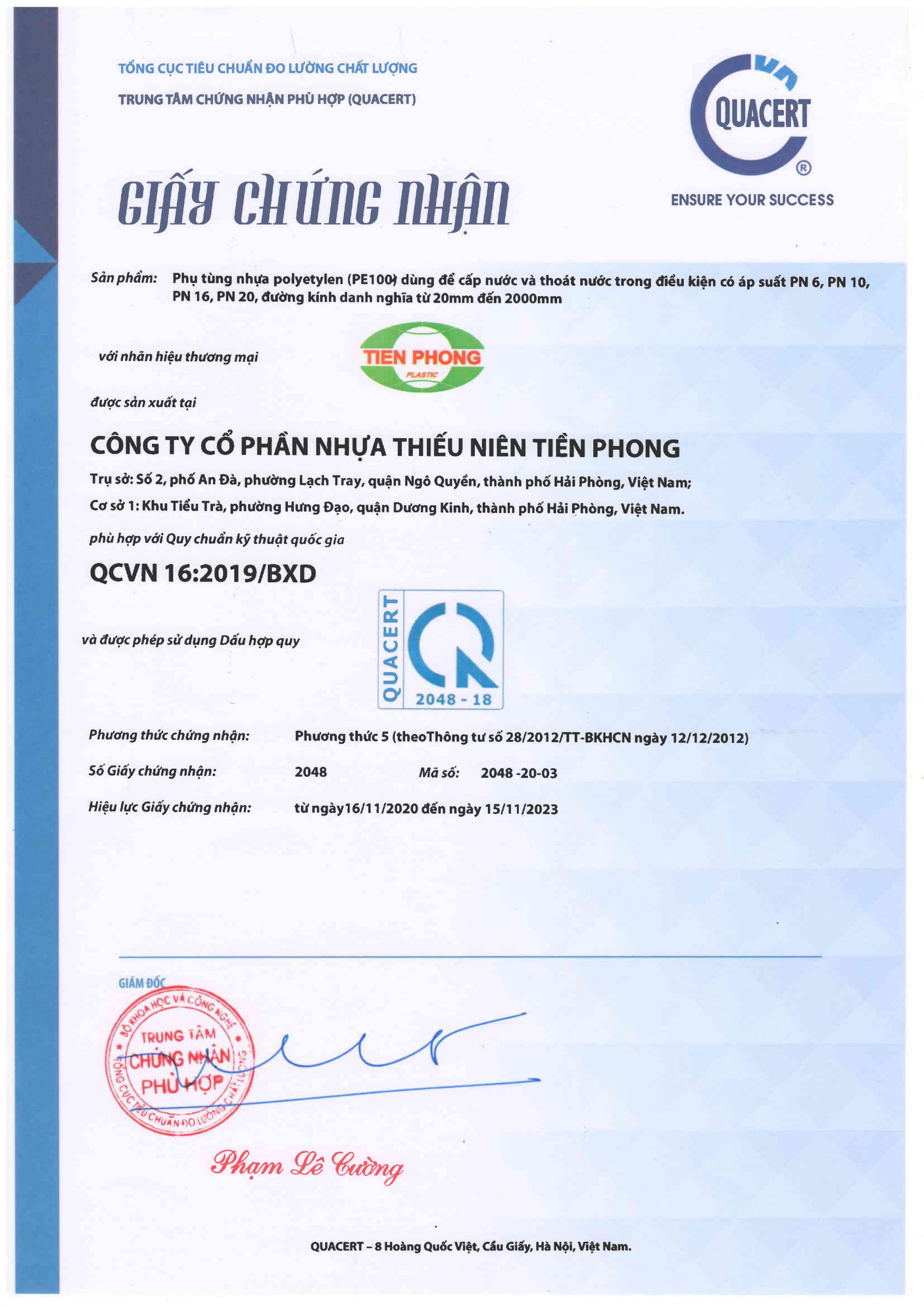 Nhựa Tiền Phong - GCN Hợp quy Quacert- Phụ tùng nhựa polyetylen PE100 ...