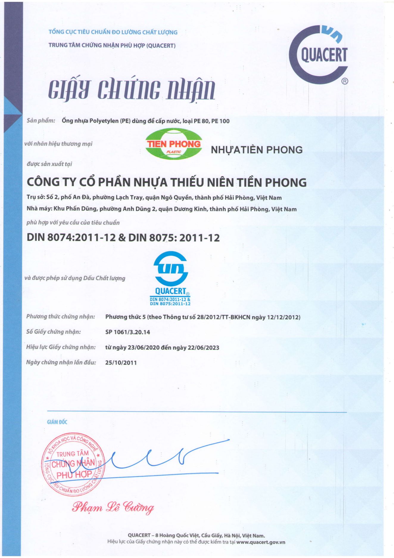 Nhựa Tiền Phong - GCN Ống nhựa PE, cấp nước, loại PE80, PE100 DIN 8074: ...